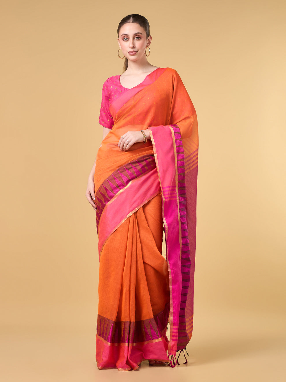 Saffron Temple Border Cotton Saree – Cottonsdaily